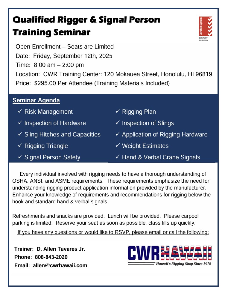 (Oahu) Qualified Rigger & Signal Person Training – CWR Hawaii